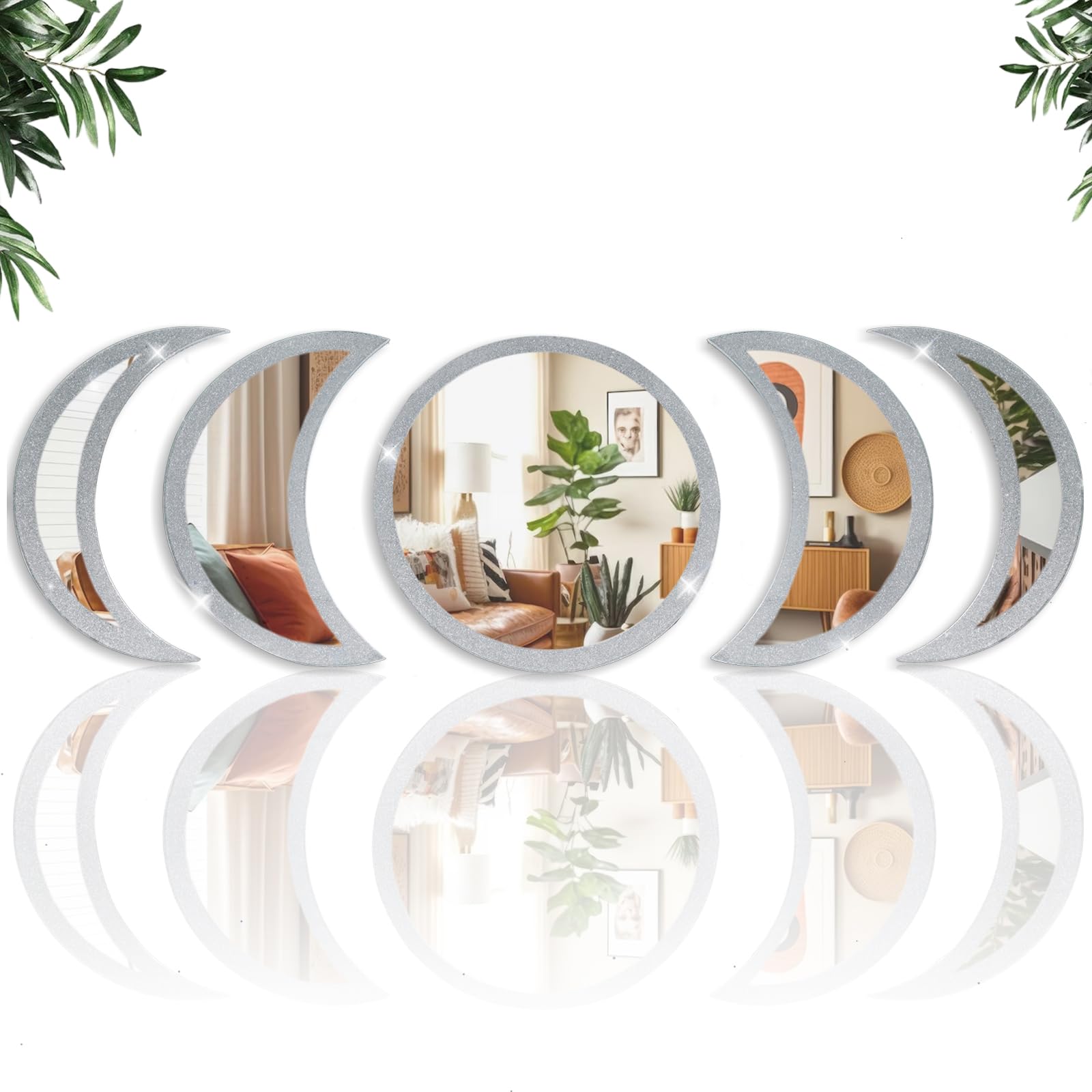 Moon Phase Mirror Set, 5pcs Moon Phase Wall Decor, Silver Bling Moon ...