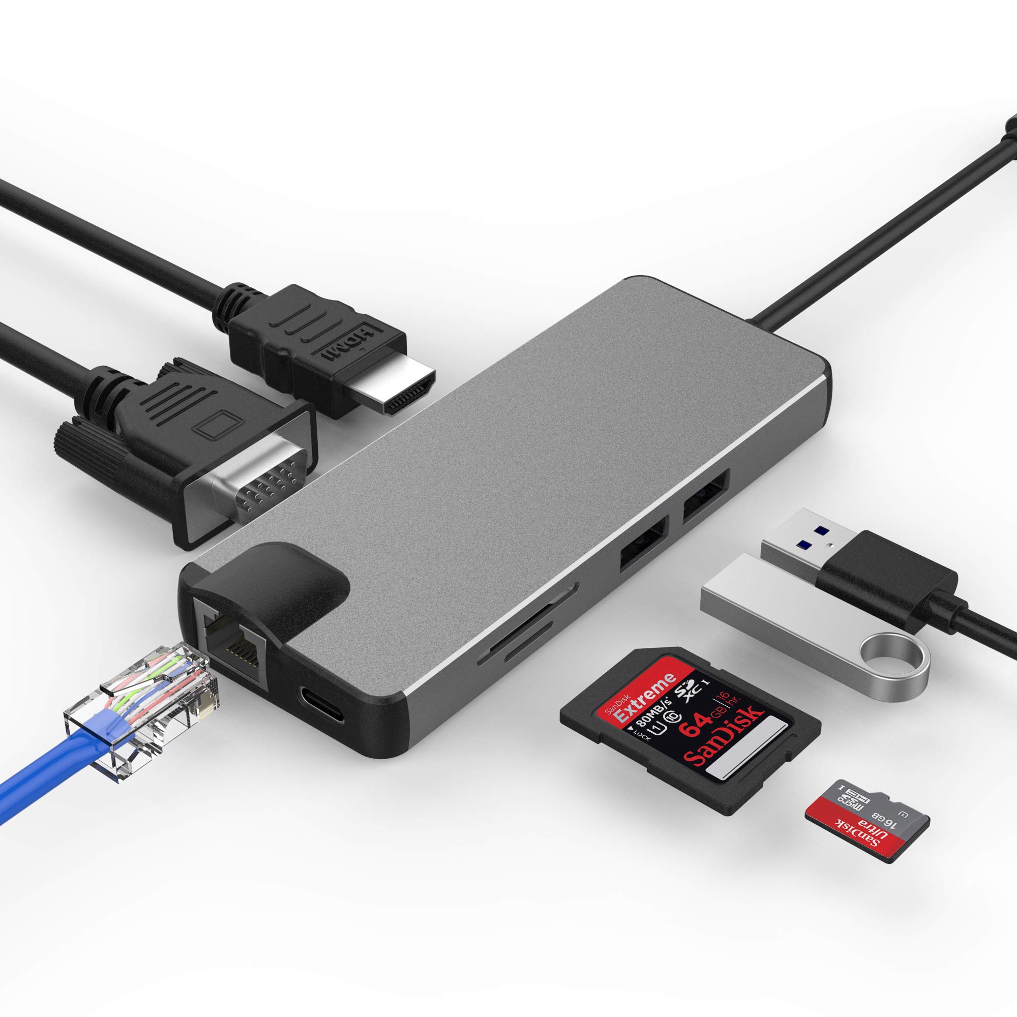 Microware Type C, USB C to HDMI VGA Ethernet Adapter, Type C 8 in 1 hub ...