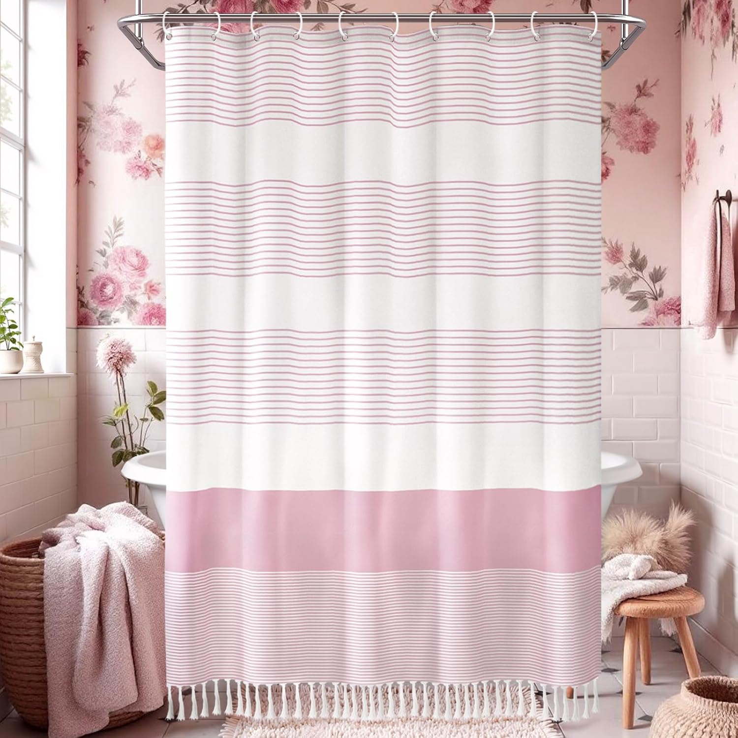 Amazon.com: Awellife Boho Pink Shower Curtain for Bathroom Stripe ...