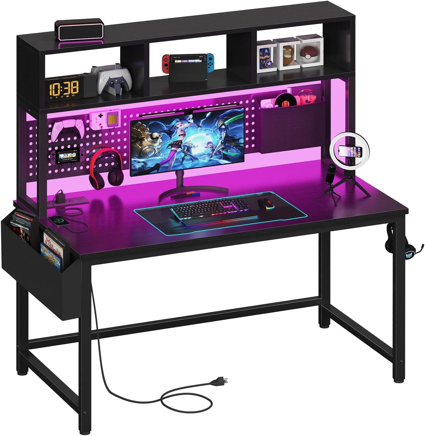 Amazon.com: Dowinx Tall Gaming Desk with Shelves, Pegboard and LED ...