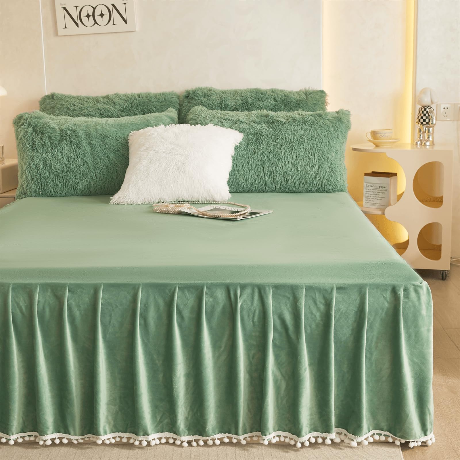 Snapklik.com : Pom Pom Velvet Bed Skirt, 22 Inch Drop Dust Ruffle Bed ...