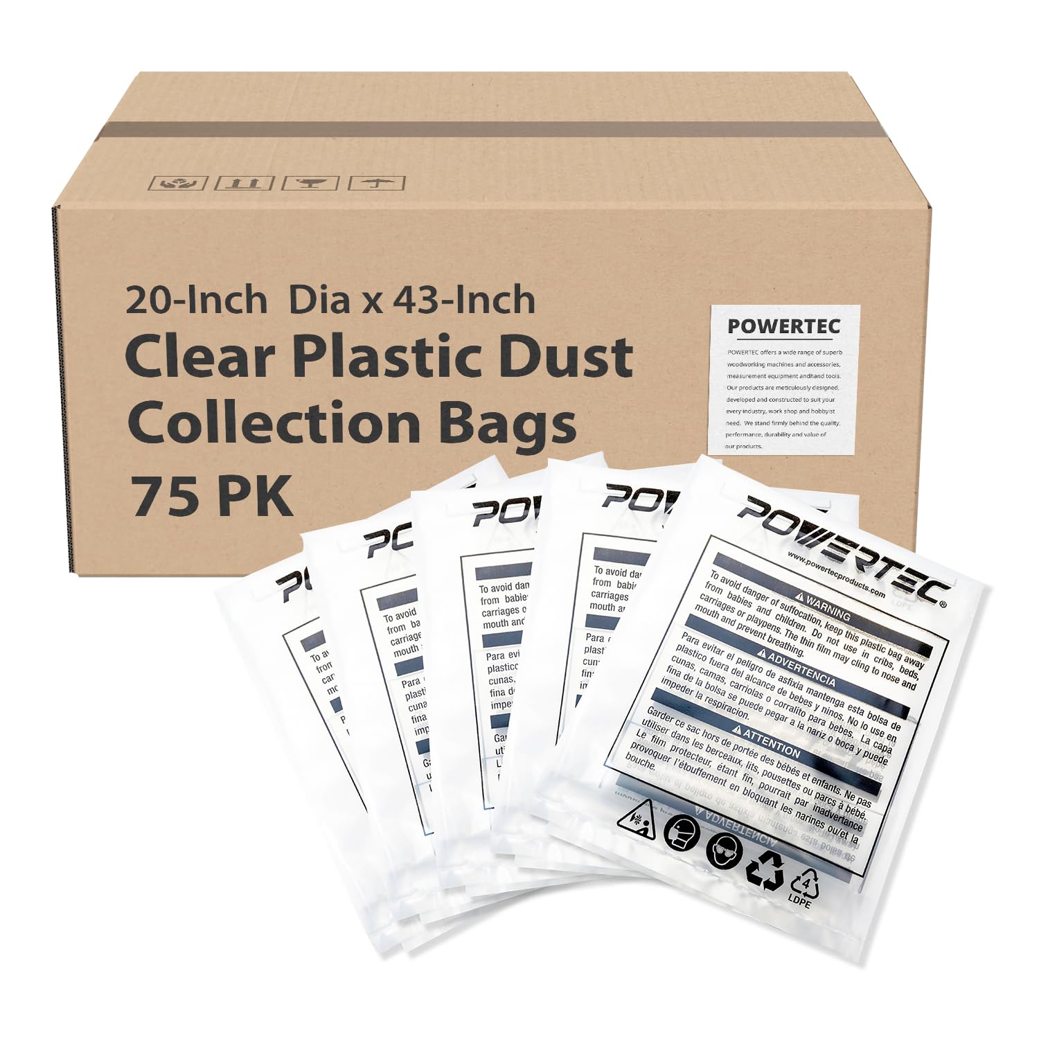 POWERTEC 70002-Case15 Clear Plastic Dust Collection Bags, 20" x 43 ...
