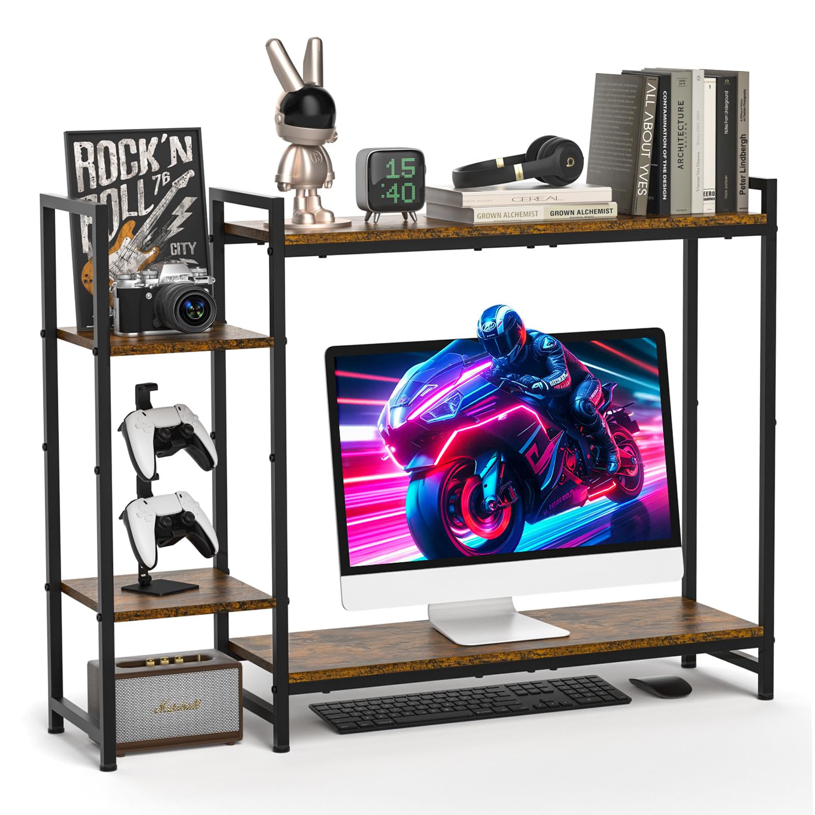 ikkle Desktop Bookshelf, 35" Desktop Organizer Shelf with Monitor Stand ...