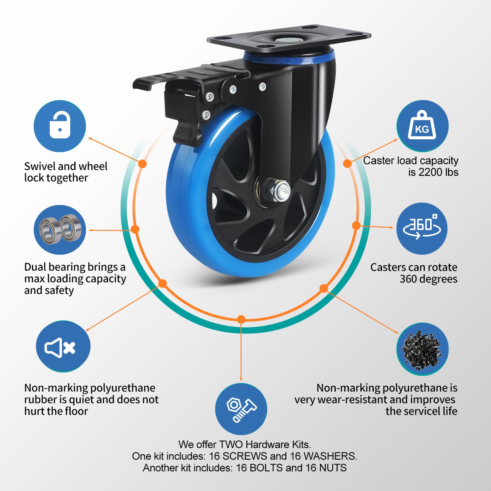 Snapklik.com : 5 Inch Caster Wheels 2200lbs, Heavy Duty Casters Set Of ...