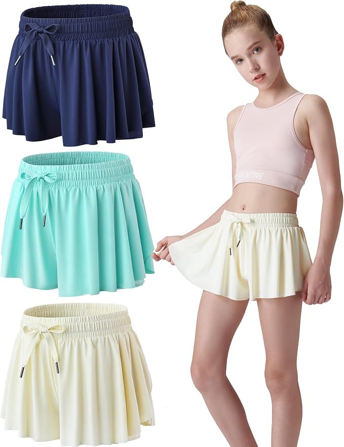3 Pack Girls Flowy Shorts with Spandex Liner 2-in-1 Youth Butterfly ...
