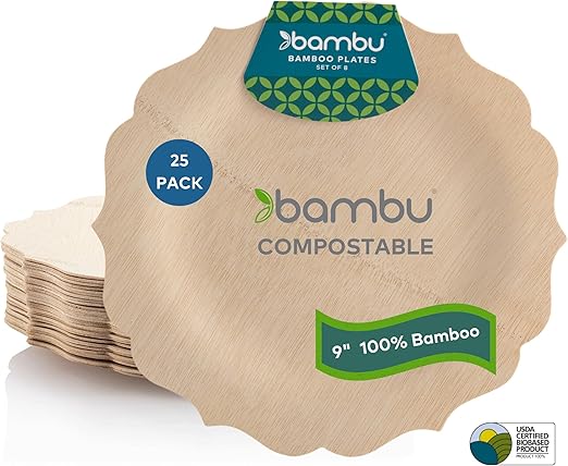 Amazon.com: Bambu Pack of 25-9 Inch Disposable Bamboo Plates Fancy ...