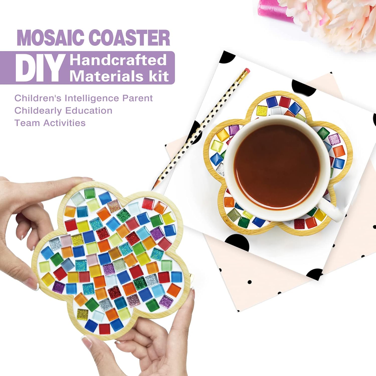 Glass Mosaic Tiles, Mosaic Kit with 6.1 inch Bamboo Coaster, Crafts for ...