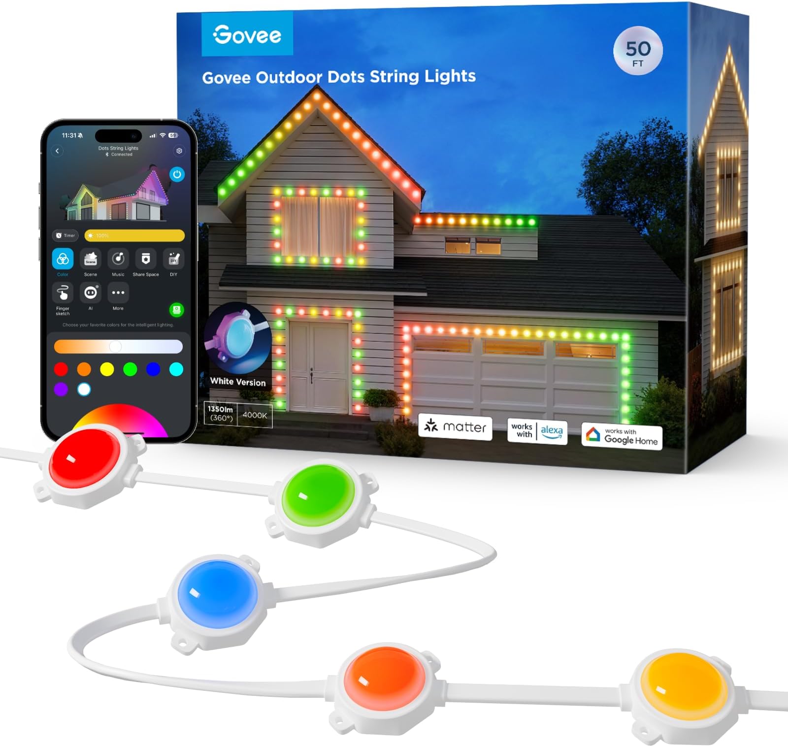 Govee Outdoor Dots String Lights, 50ft with 45 Smart RGBIC LED Lights ...