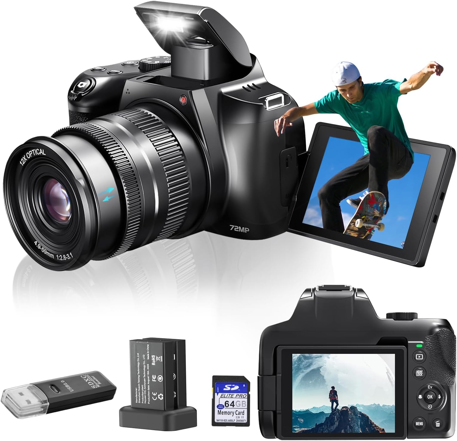 Amazon.com : 4K Digital Camera for Photography - 12X Optical Zoom 72MP ...