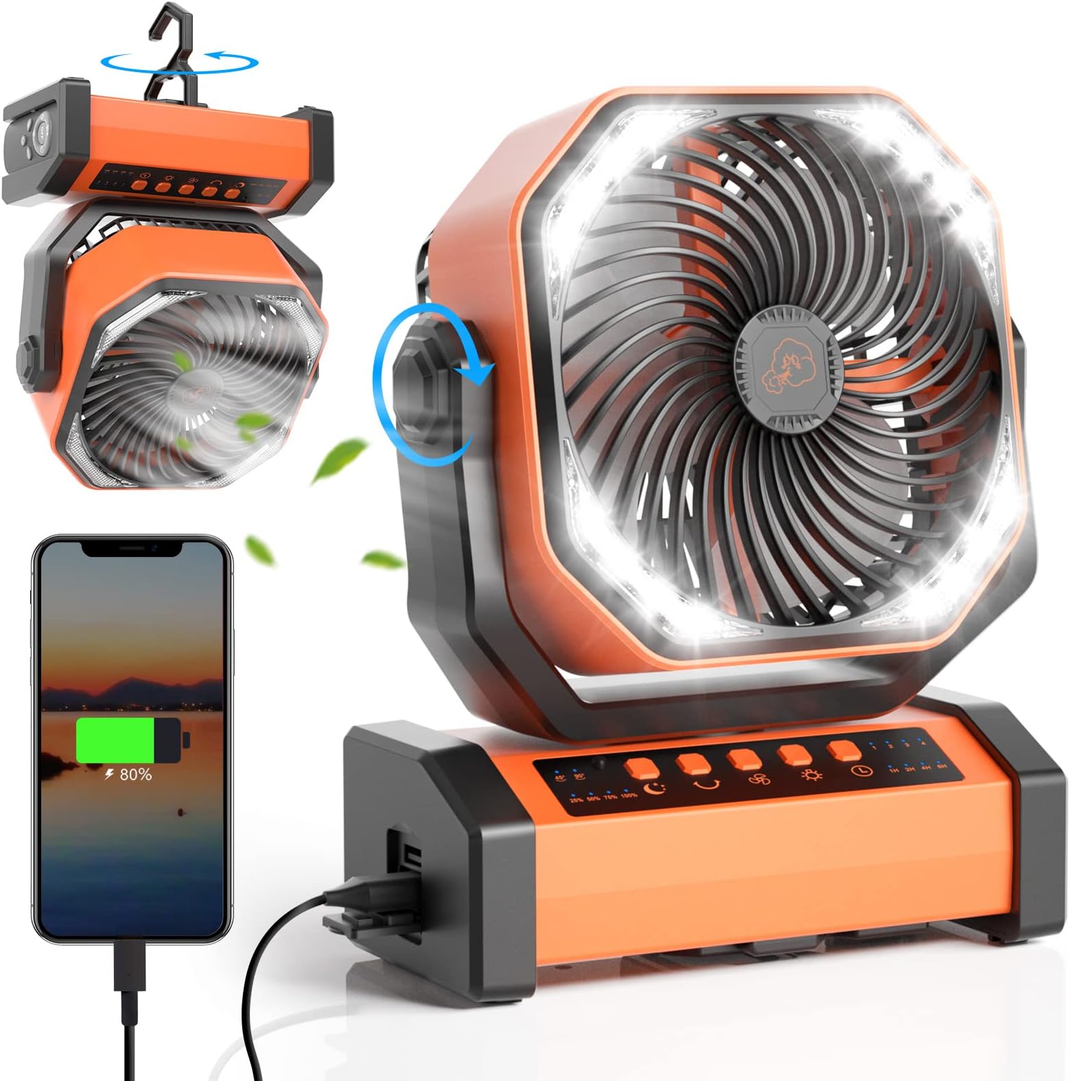 Ventilador recargable portátil de camping de 23 cm con luz, 20000 mAh ...