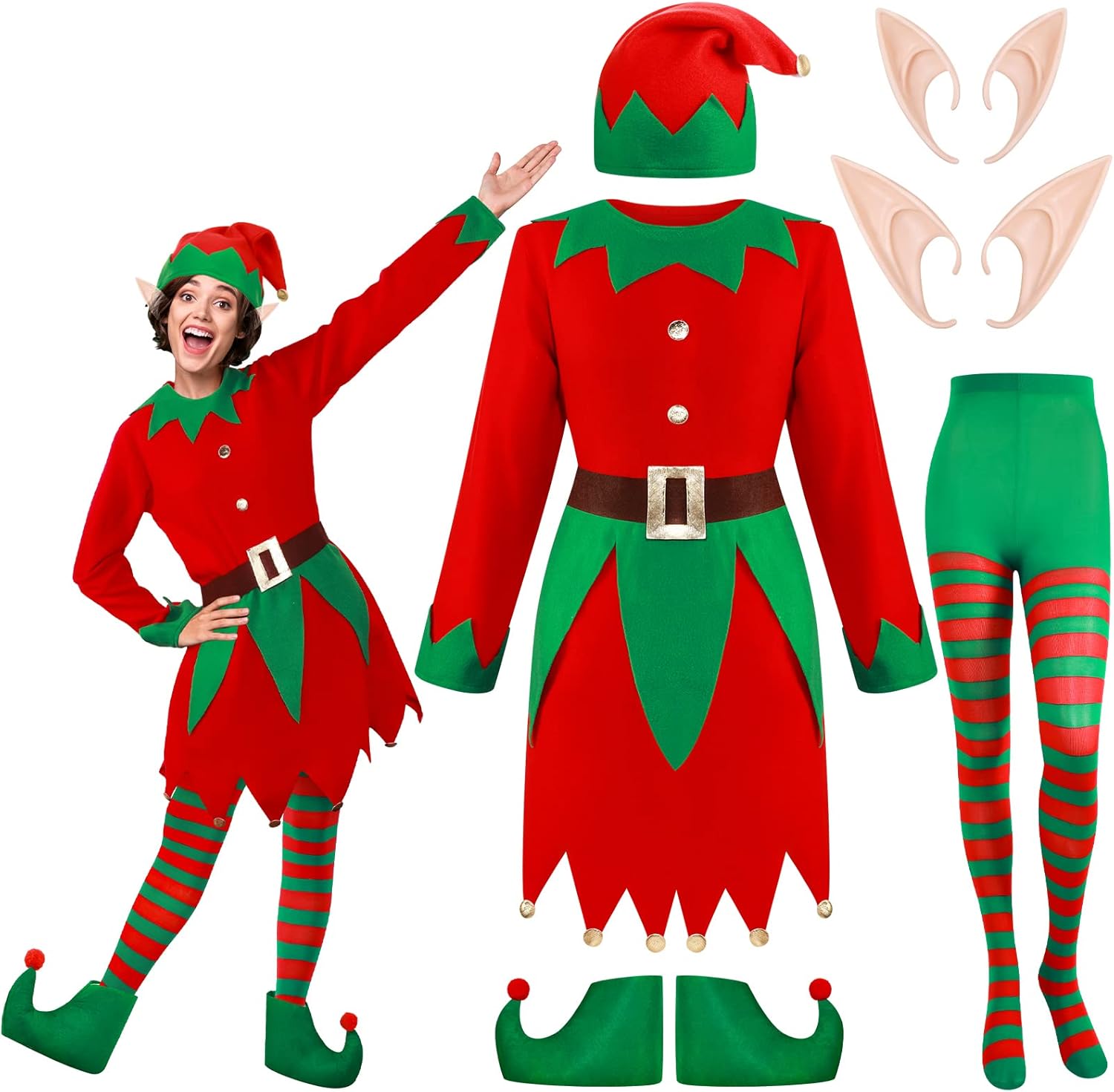 Amazon.com: 6 Pieces Elf Christmas Costume Set Including 1 Pc Costume ...