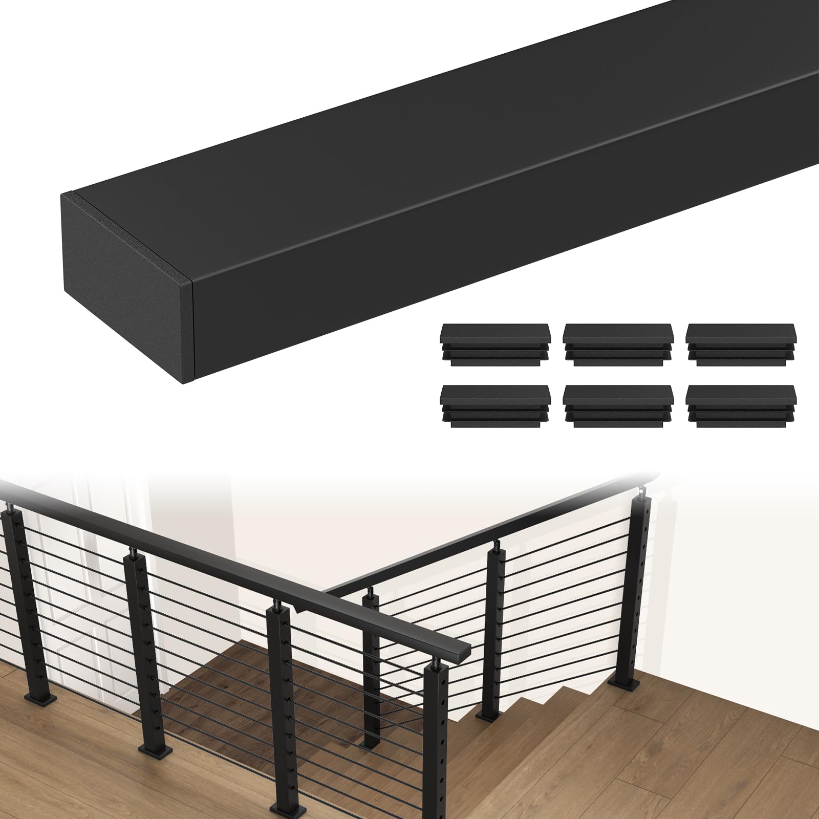 CKE 6'6" Black Stainless Steel Handrail, Rectangular Handrail Flat Top ...