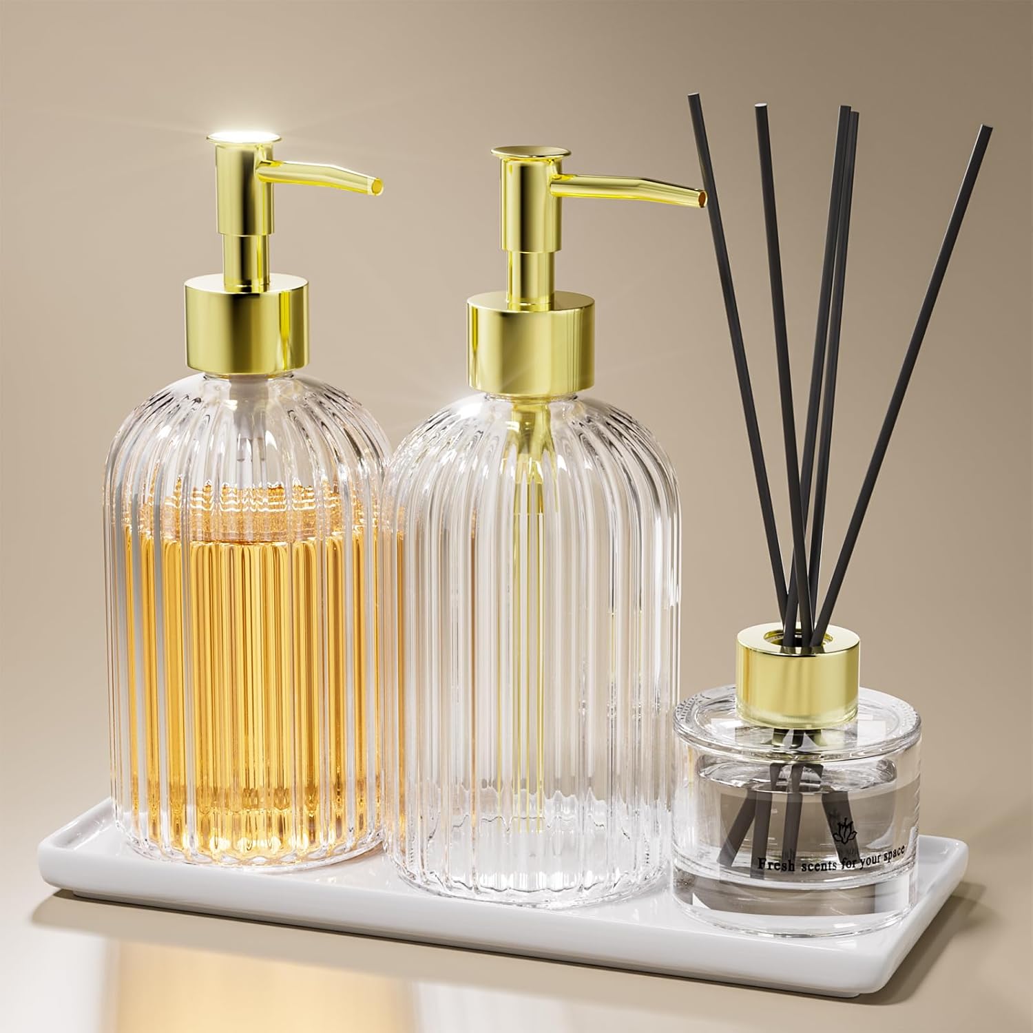 Amazon.com: XLHOMO 2Pack 17 Oz Glass Soap Dispenser with Ceramic Tray ...