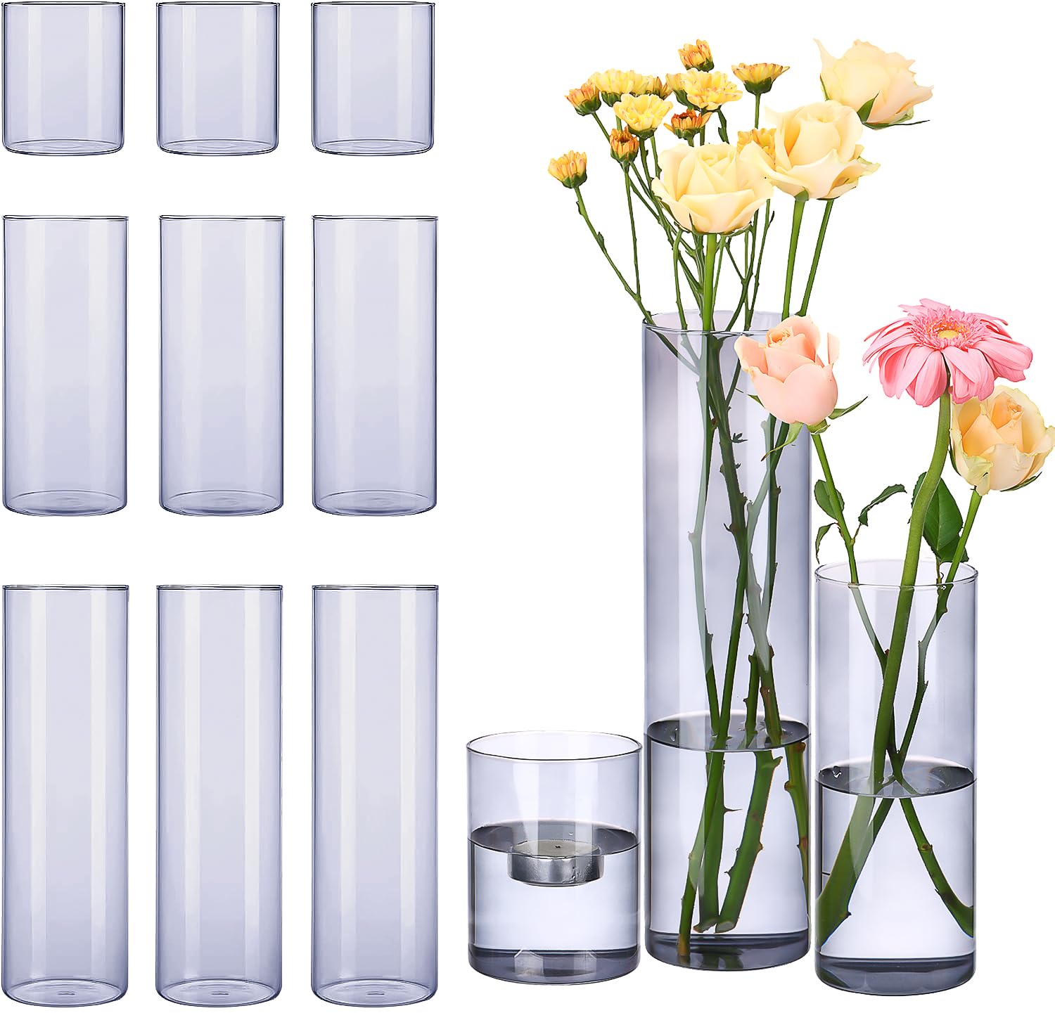 Fixwal 9 Pack Grey Cylinder Vase 4, 8, 12 Inch Tall Clear Vases for ...