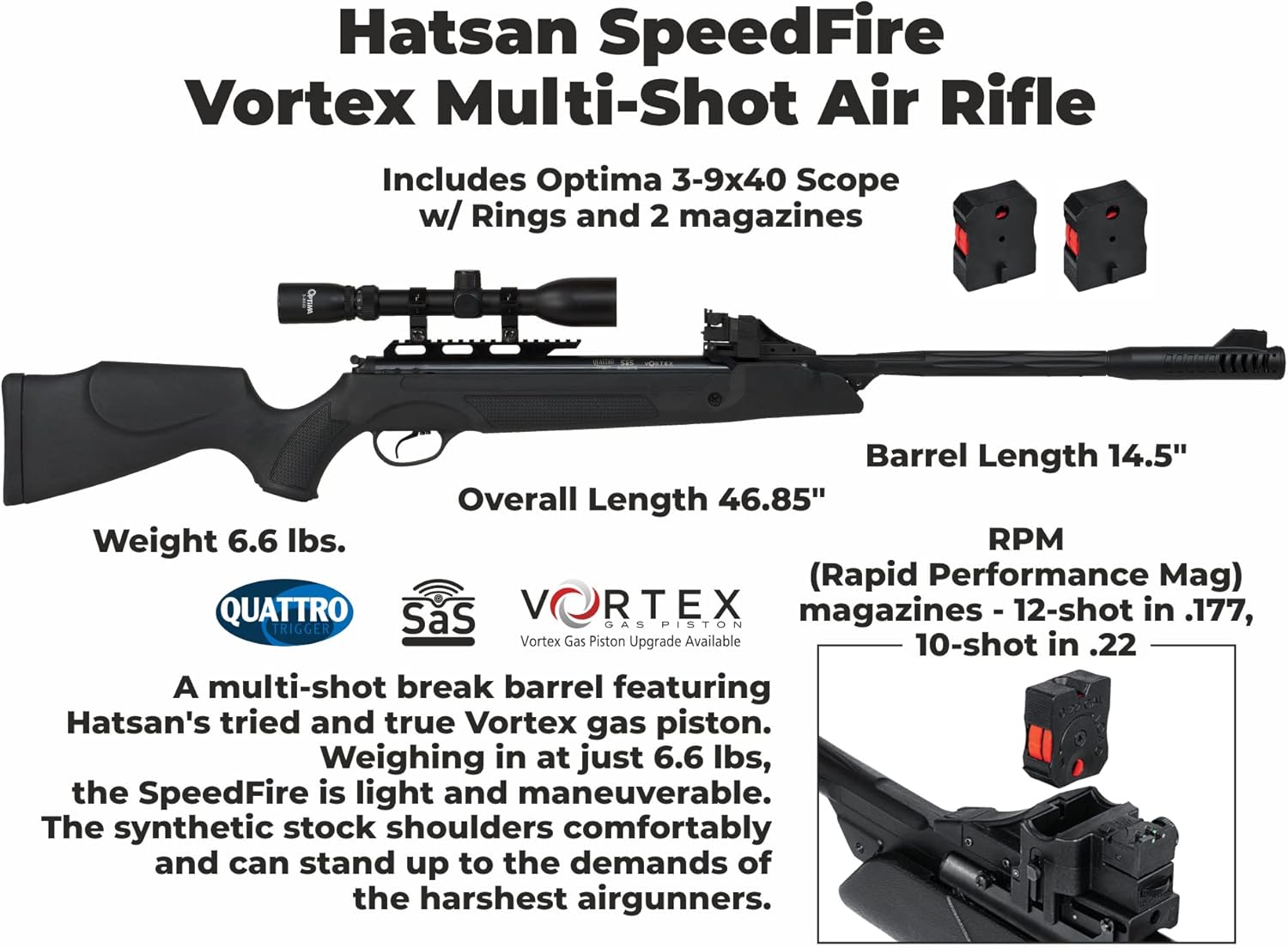 Hatsan SpeedFire (Magnum 1250) – Rifle de aire, color negro con paquete de objetivos de papel ...