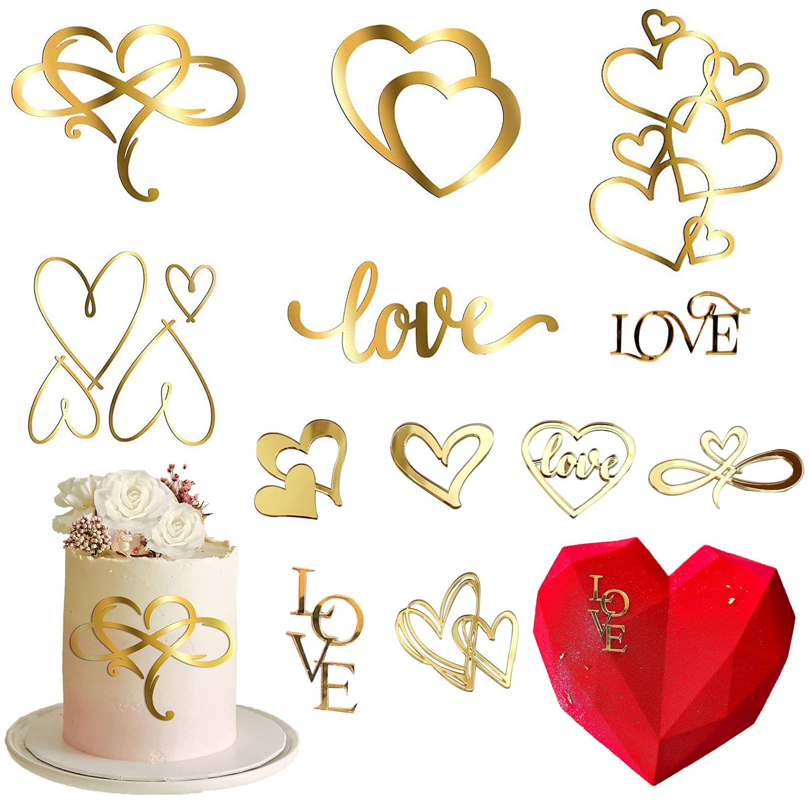 Amazon.com: 12 Pcs Acrylic Love Heart Cake Topper, Gold Heart Cake ...