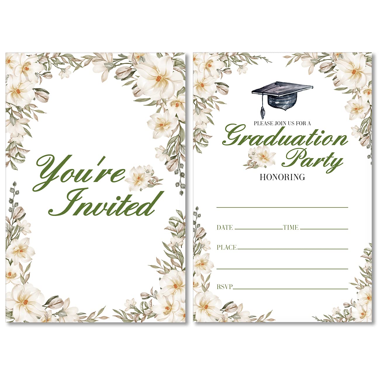 Magnolia Floral Graduation Party Invitations with Envelopes Set of 20 ...