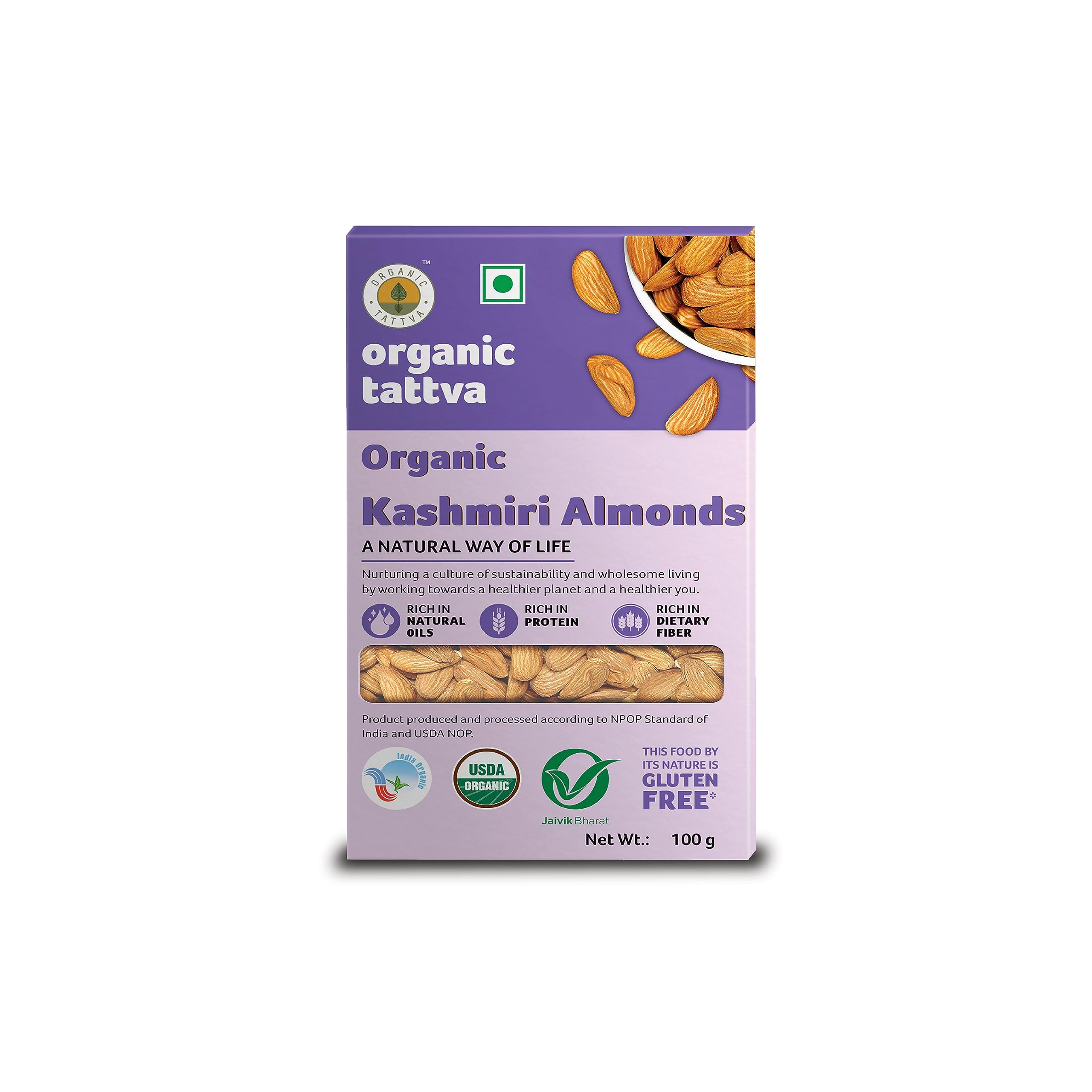 Organic Tattva, Organic Kashmiri Almonds 100gm | Rich in Dietary Fiber ...