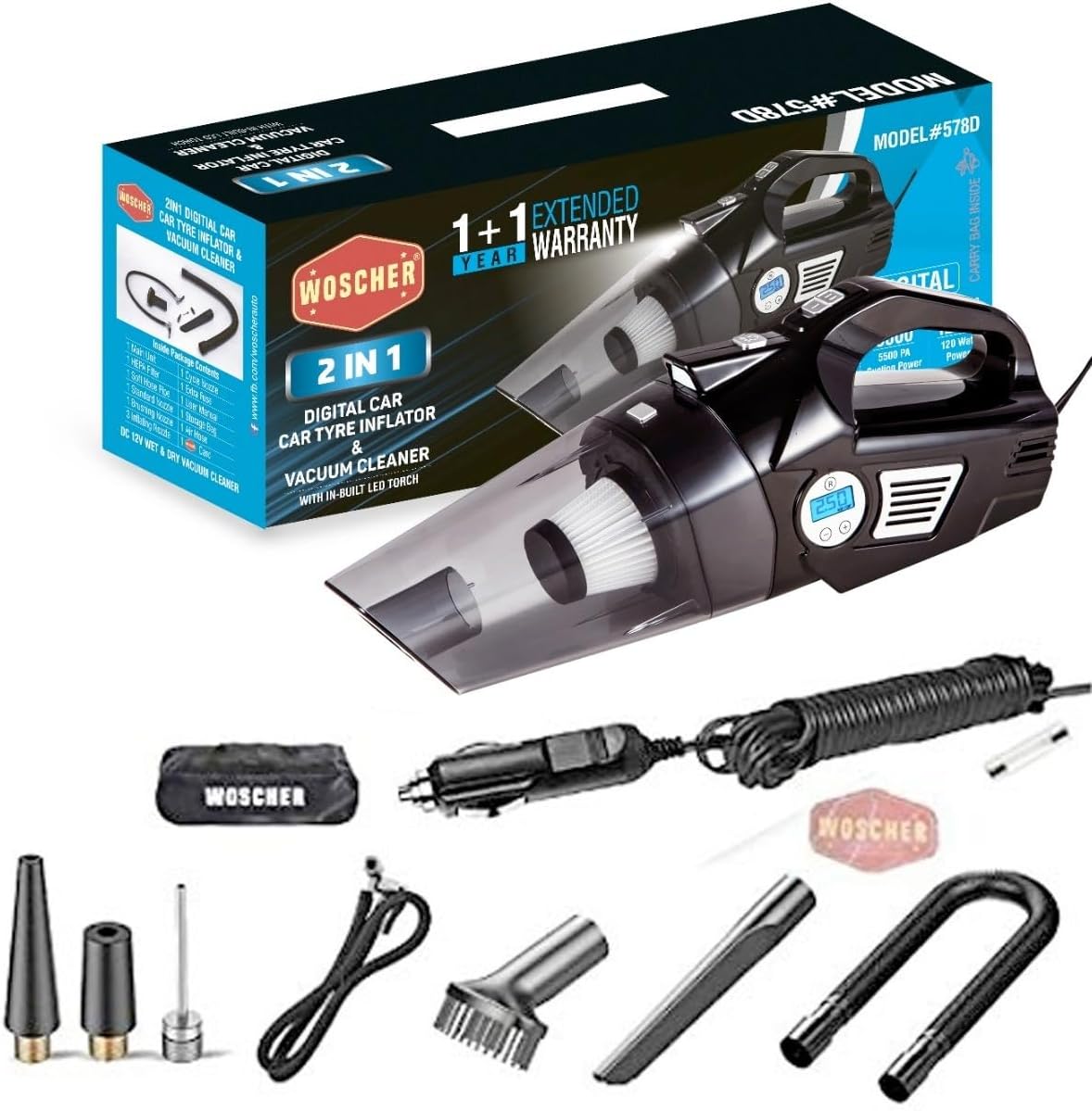 Woscher 578D 2in1 Digital Portable Air Compressor Tyre Inflator with ...