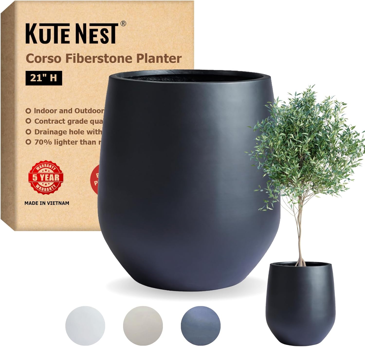Amazon.com : KUTE NEST 21" H Fiberstone Large Corso Planter, Black, 15 ...