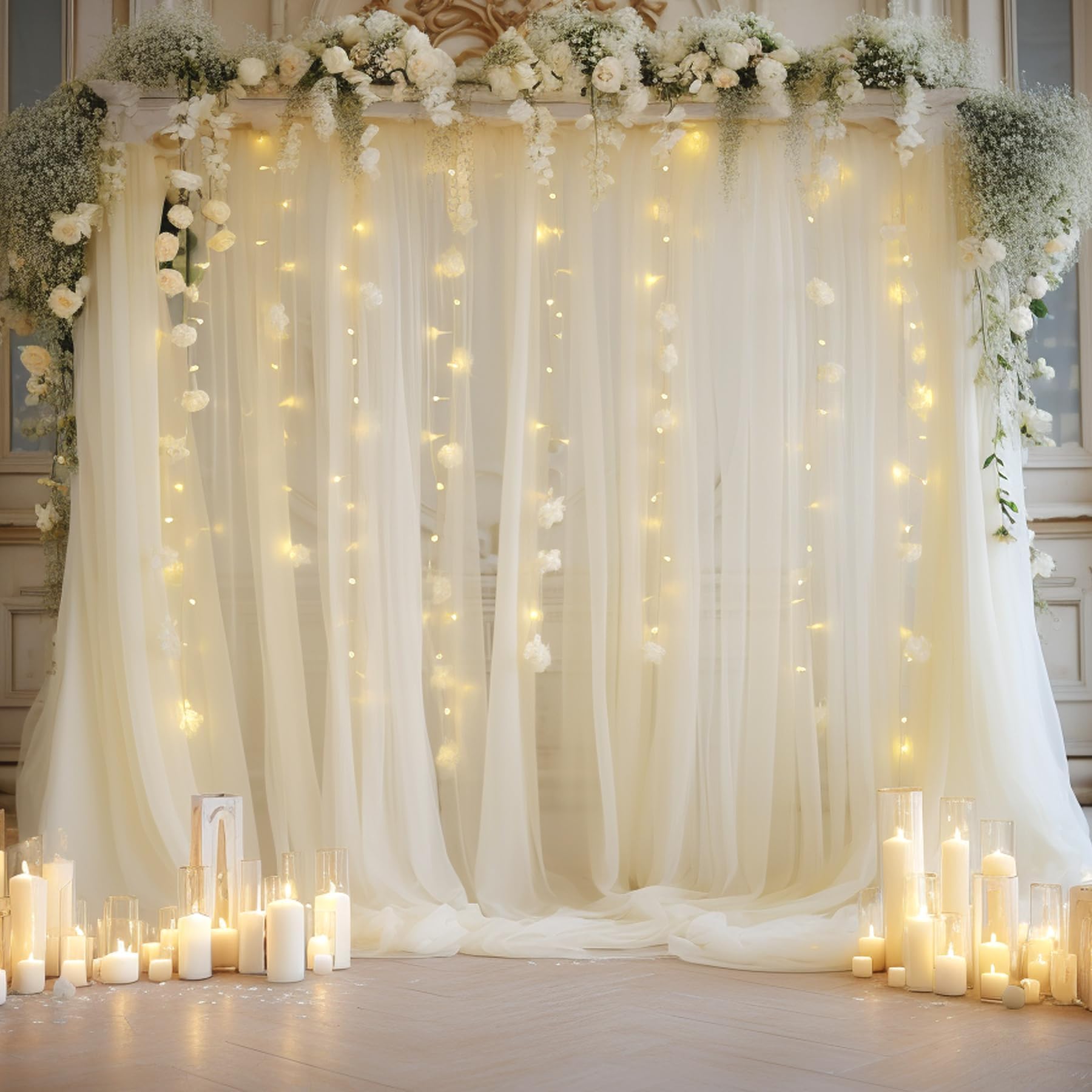Amazon.com : 10x10ft Ivory Tulle Backdrop Curtain with Lights String ...