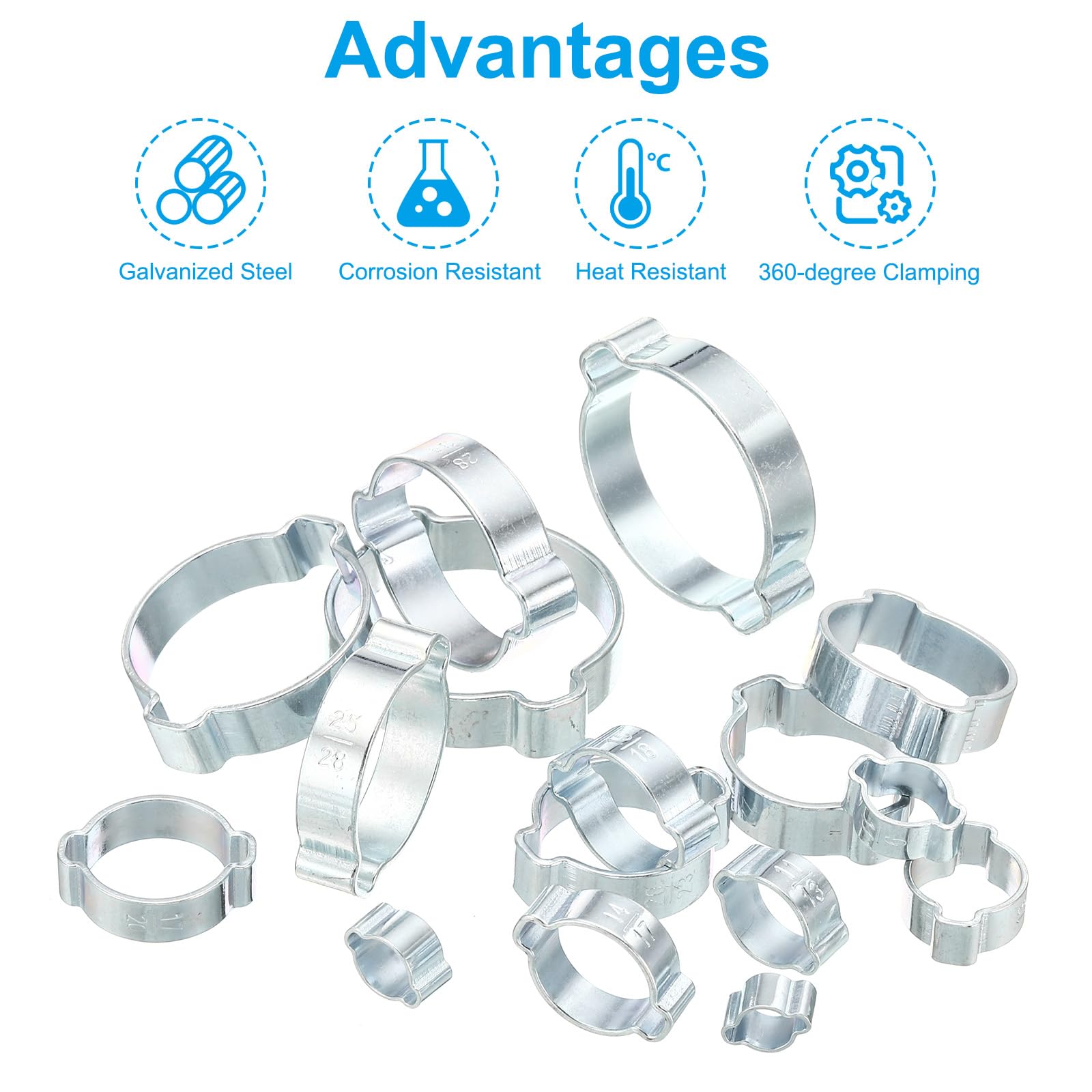 PATIKIL 30 Pack 7-9mm Double Ear Hose Clamp, Galvanized Steel Crimp ...