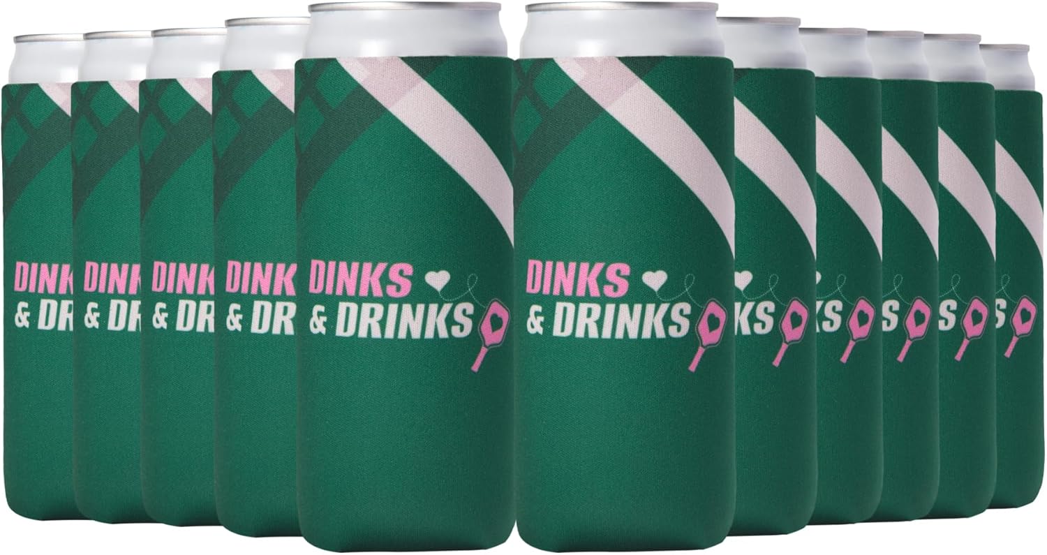Amazon.com: Dinks & Drinks Funny Pickleball Gifts for Women I Pickleball Themed Slim Can Coolers ...
