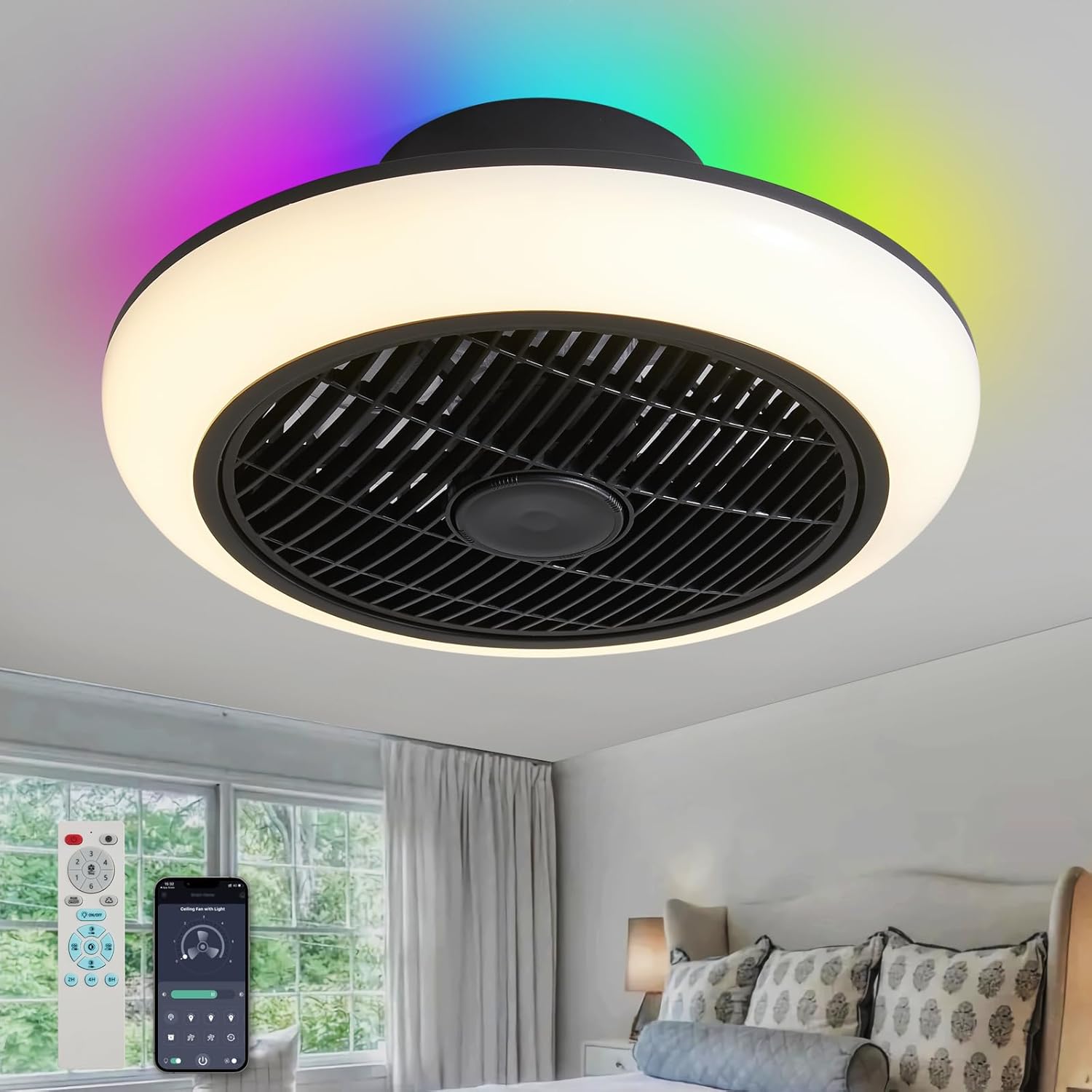 Powfloven RGB Low Profile Ceiling Fan with Lights and Remote, 16 ...