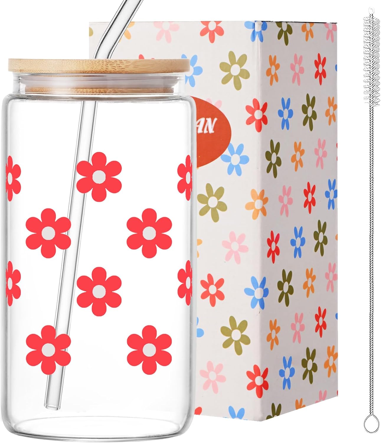 Amazon.com | HOPEHY Flower Glass Cups with Lids and Straws, Daisy ...