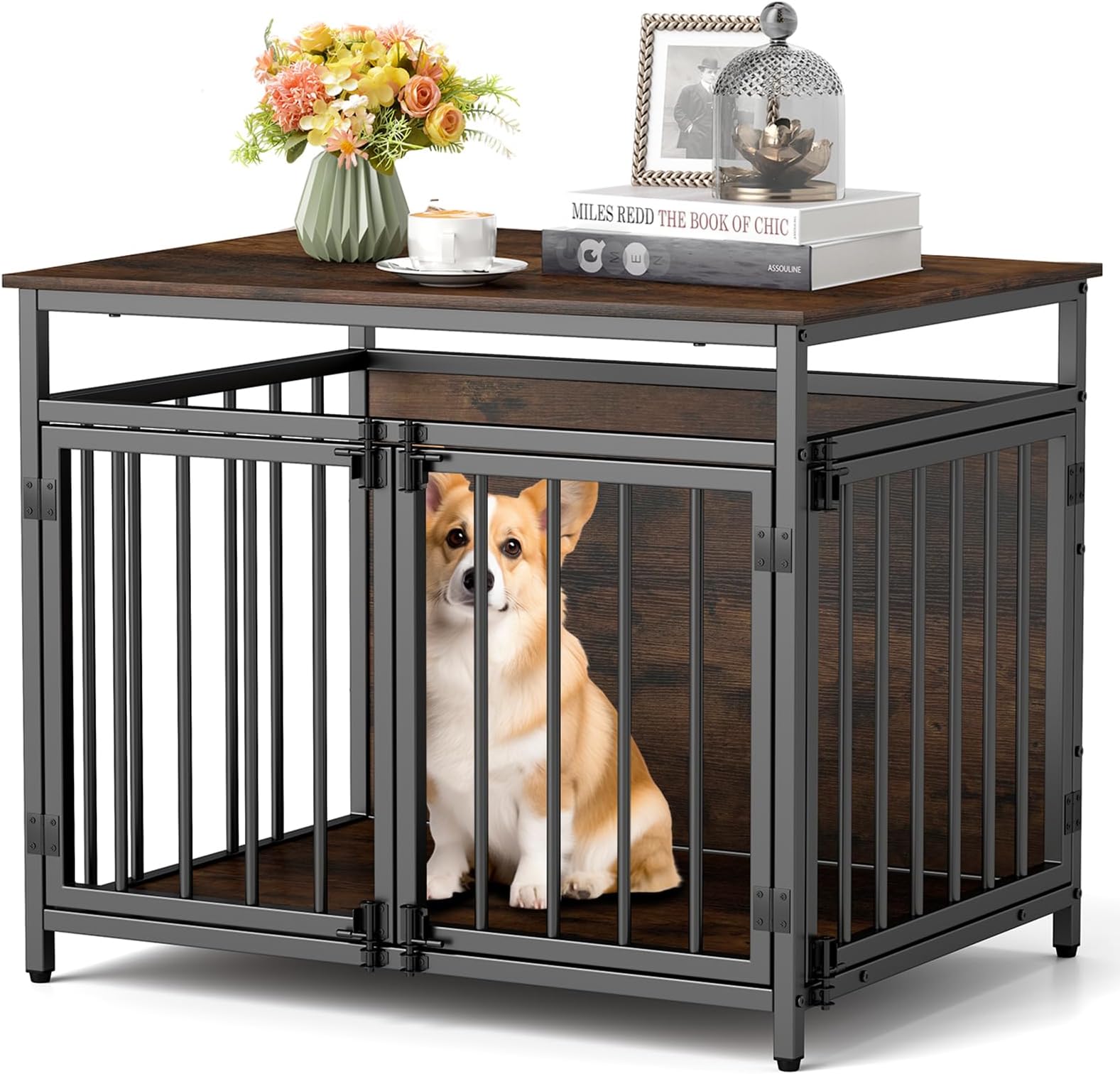 COSTWAY Dog Crate Furniture, Wooden Dog Cage with Lockable Doors ...