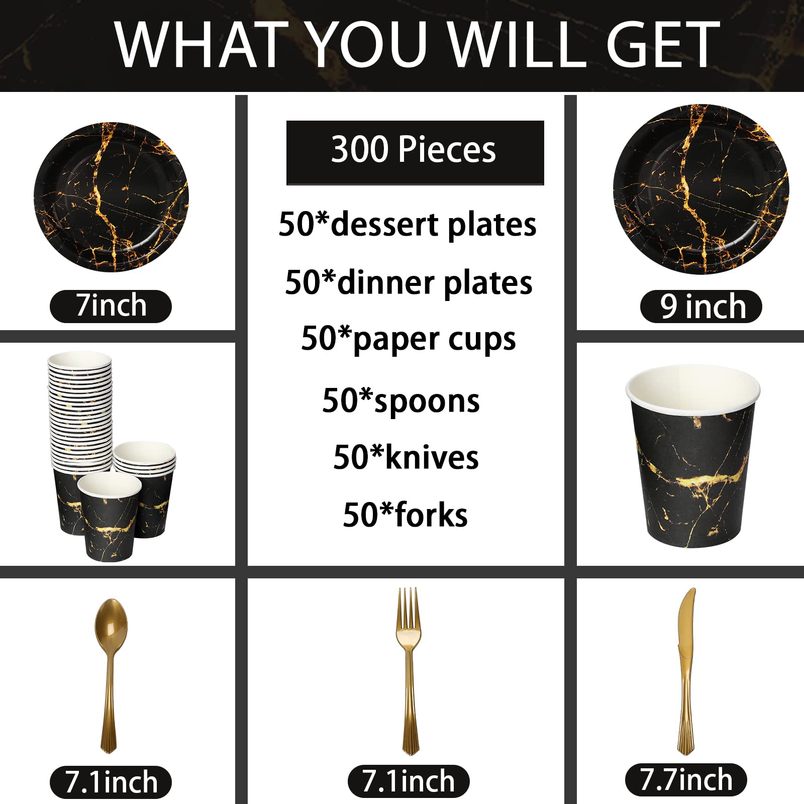 Sawysine 300 Pcs Disposable Paper Dinnerware Set 50 Guests, 100 Gold ...