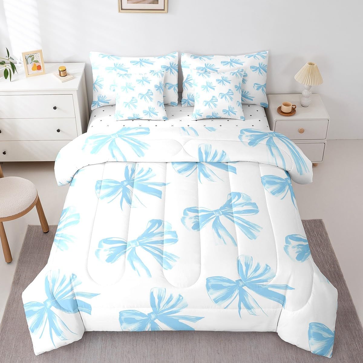 Amazon.com: Erosebridal Bow Bedding Set,Blue Bowknot Twin Comforter Set ...