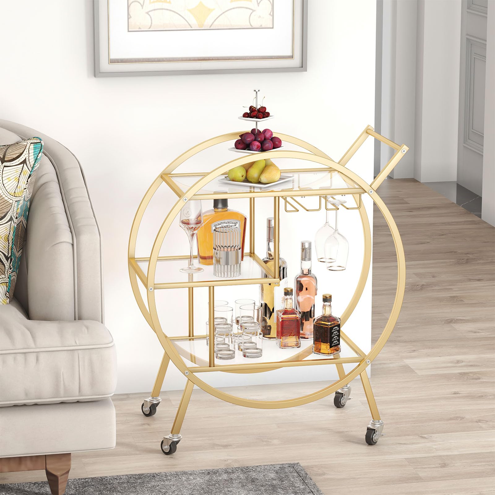 Amazon.com: SMARTISBEAUTY Bar Cart Gold 3 Tiers, Rolling Home Bar ...