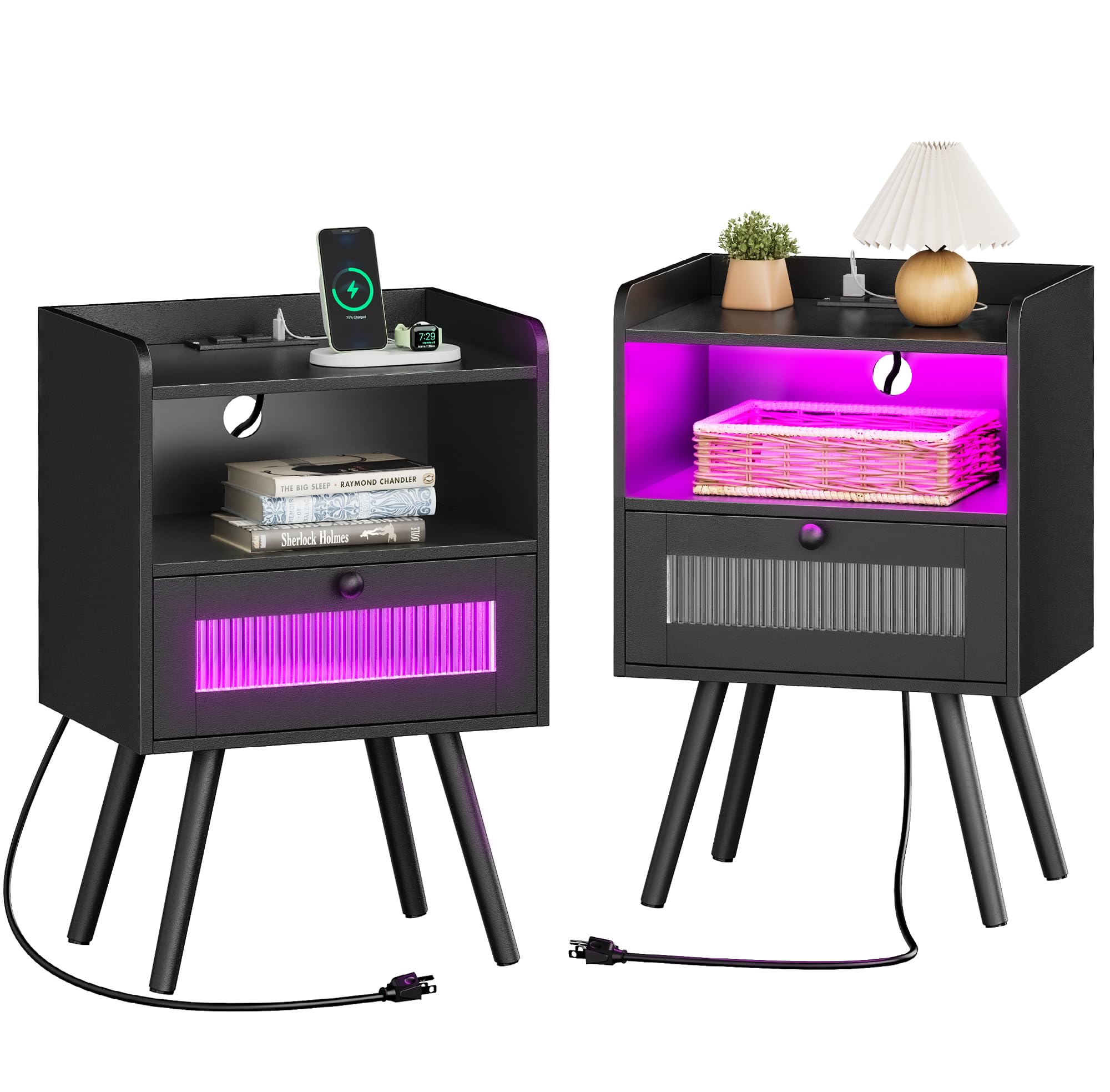 Night Stand Set of 2, Nightstand with Charging Station and LED Light ...