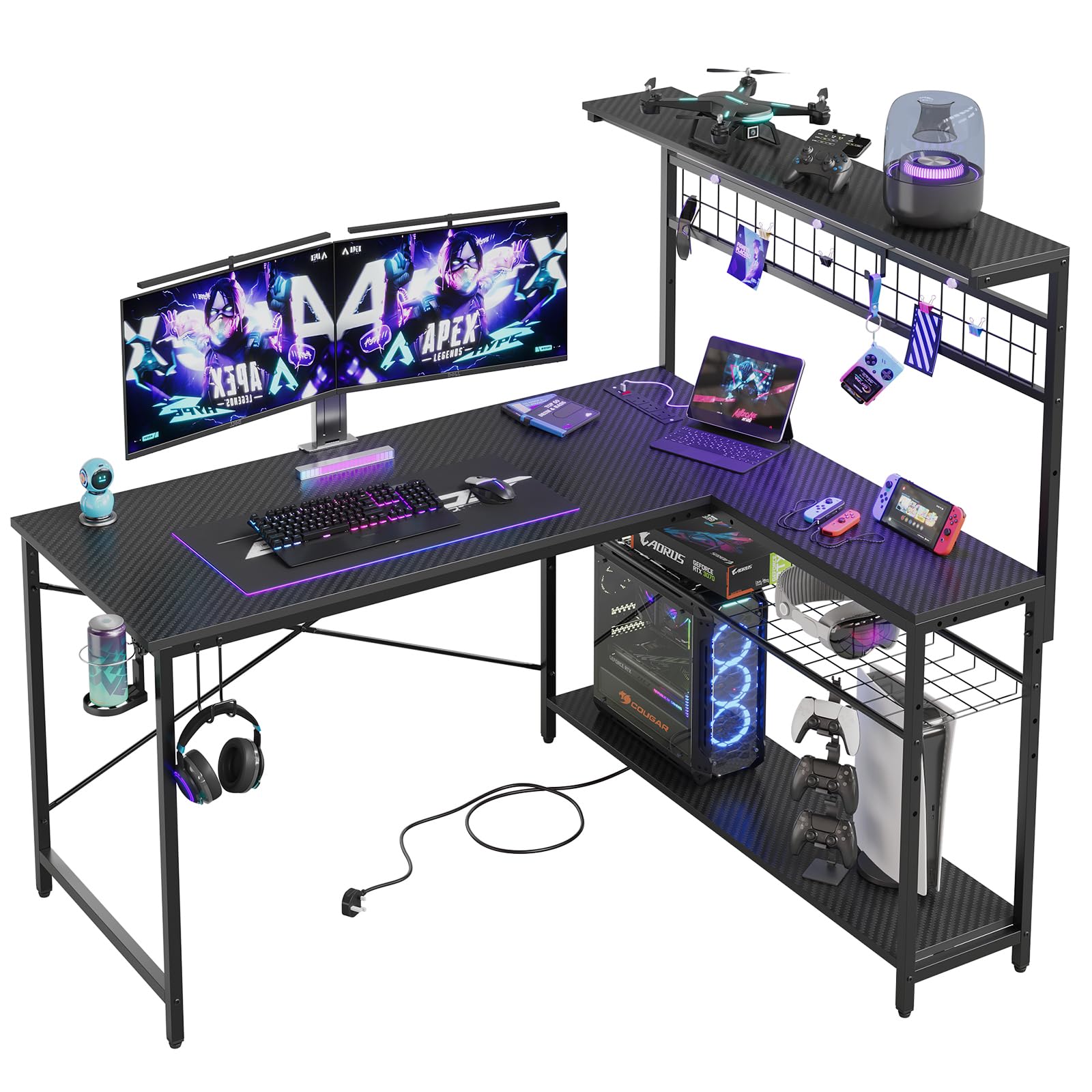 Bestier L-Shaped Gaming Desk with Power Outlets, LED Workstation with 4 ...