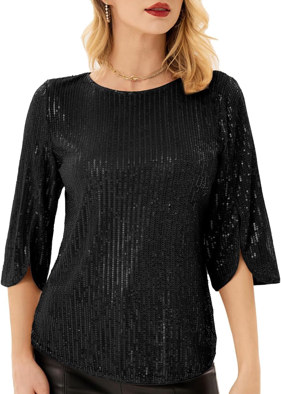 Women's Sparkle Sequin Party Blouse Tops Shimmer Glitter 3/4 Slit ...