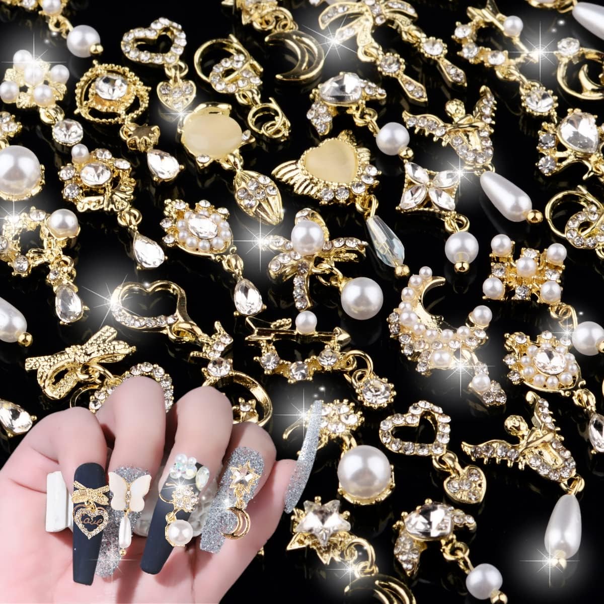 Amazon.com: 30pcs Random Gold Nail Charms Luxury Zircon Nail ...