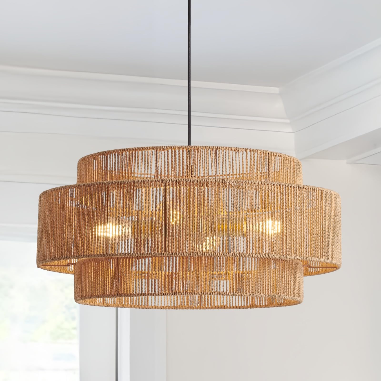 CNQTLL 23.6in Large Rattan Chandeliers, 3-Tier Boho Coastal Pendant ...