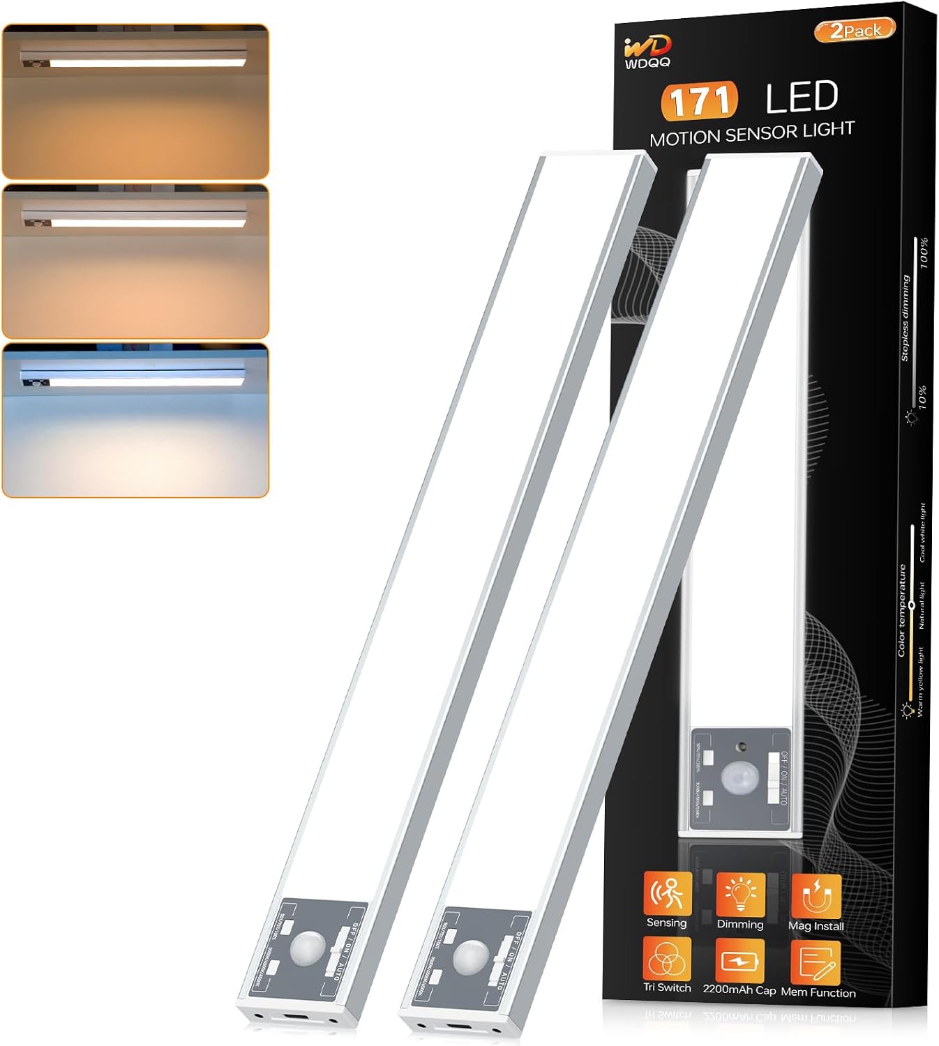 WDQQ Under Cabinet Lights, 171 LED Motion Sensor Lights Indoor, 2600mAh ...