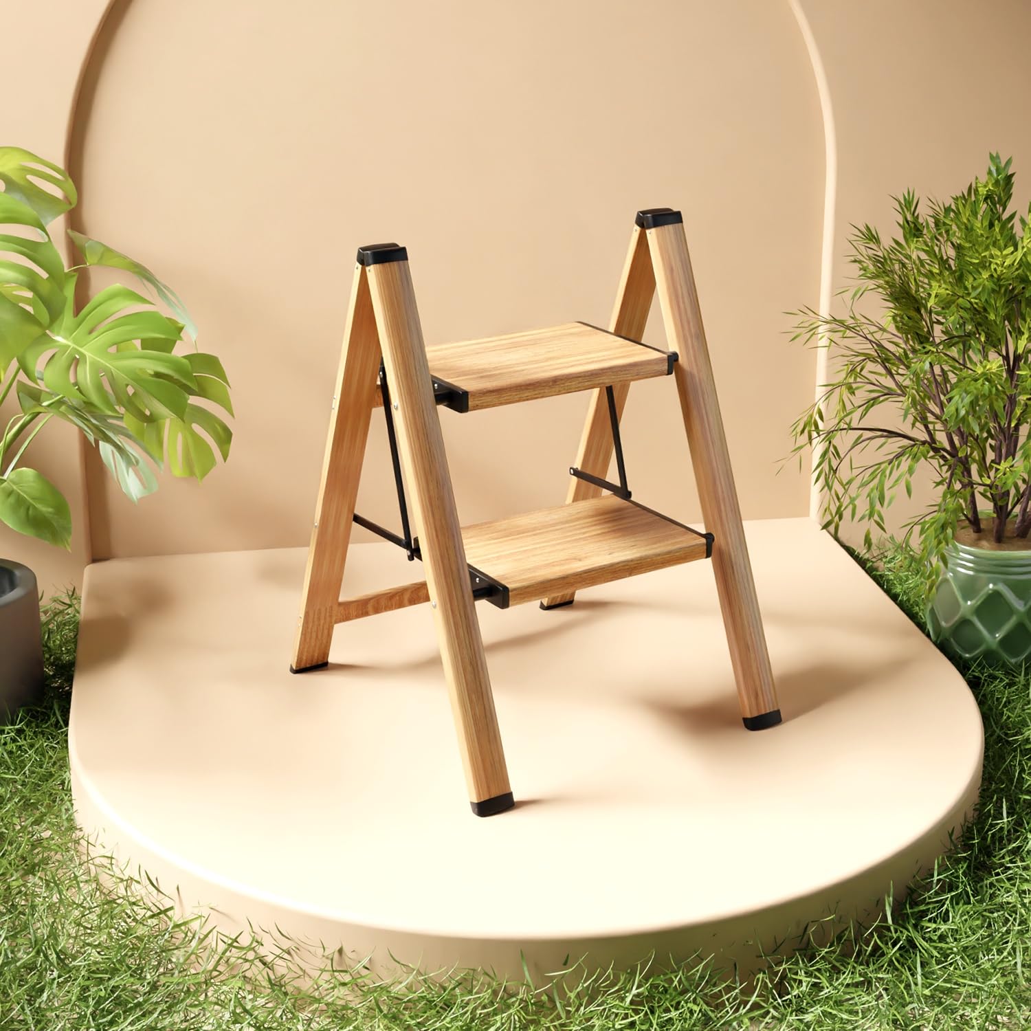 Lifelong 2 Steps Ladder for Home, Wooden Finish Coating, Foldable ...