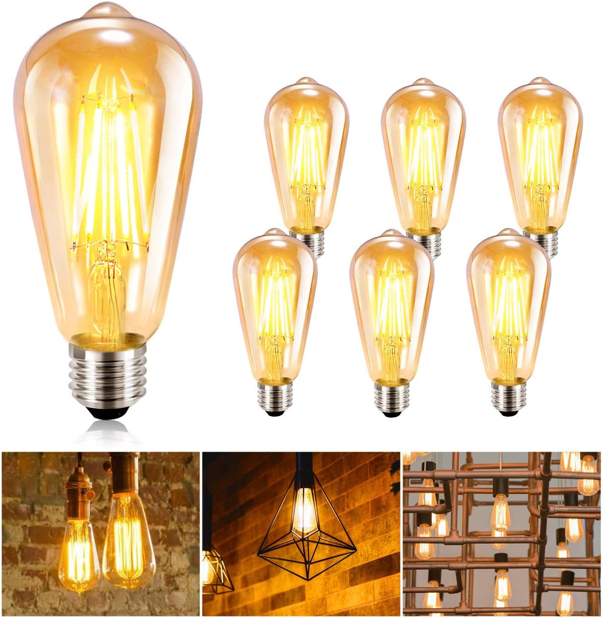 GolWof Edison Vintage Glühbirne 6 Stk Edison Glühbirne E27 Edison LED ...