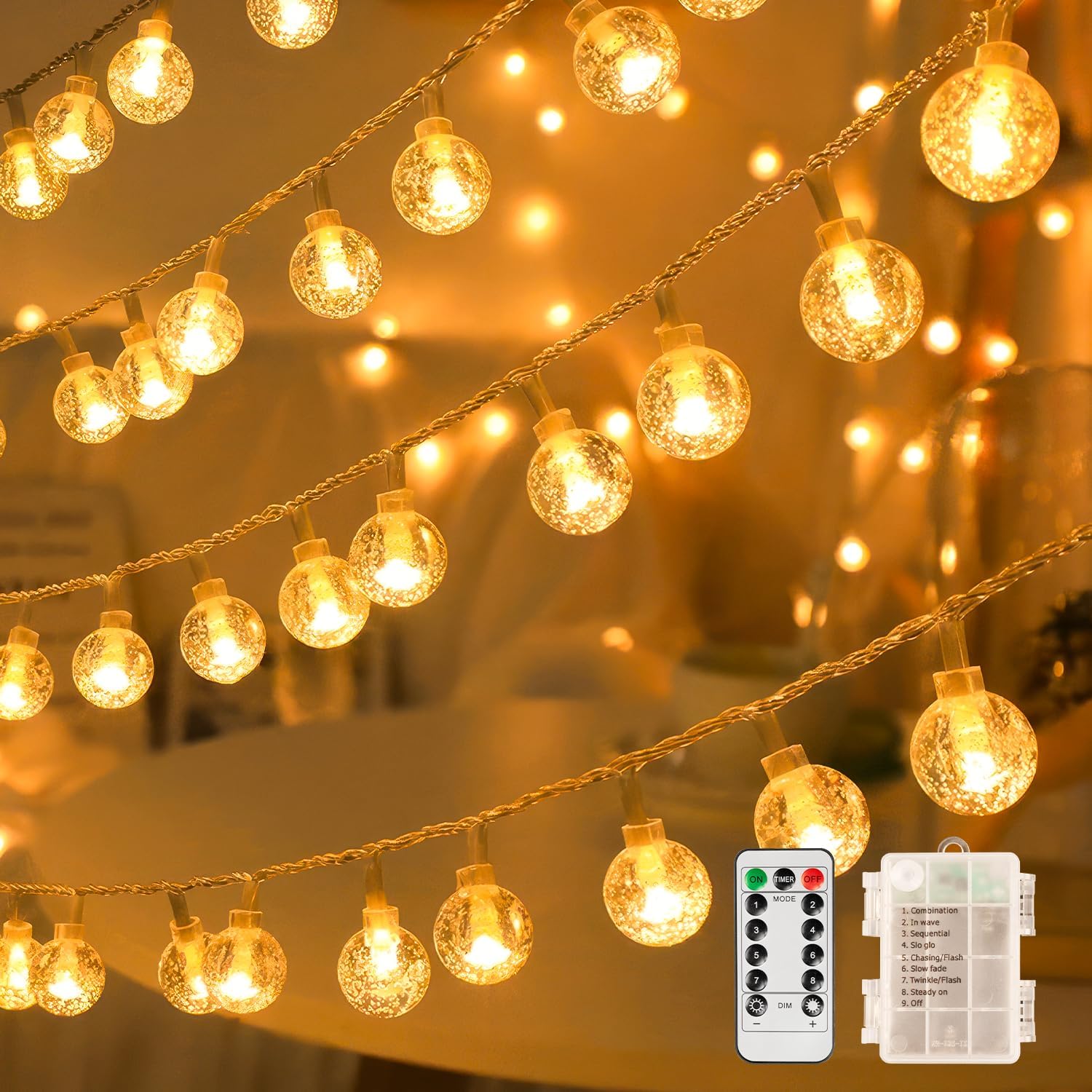YoTelim Globe Fairy String Lights Battery Operated Warm White ，Water ...