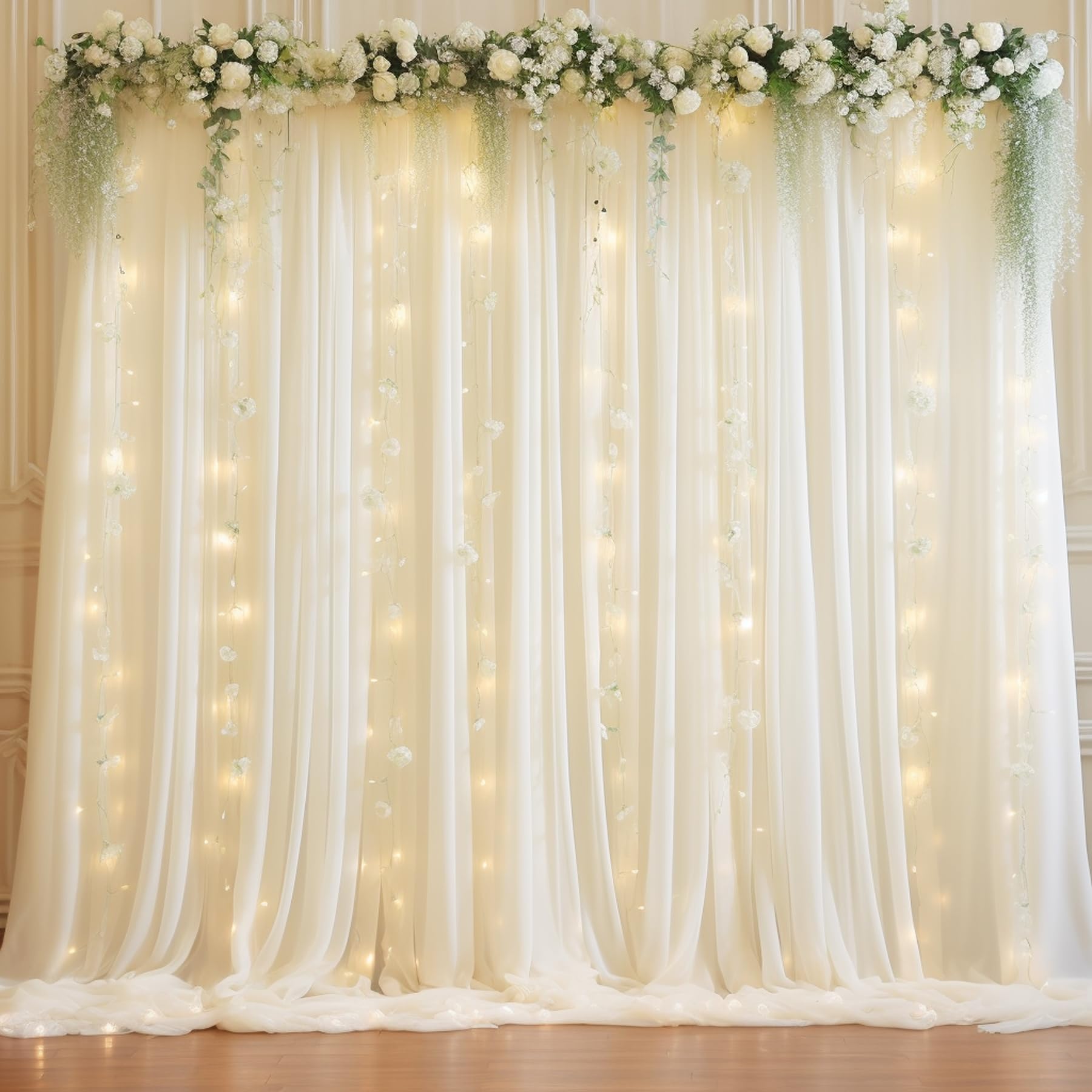 Amazon.com: 10ft x 10ft Beige Chiffon Backdrop Curtain with Lights ...