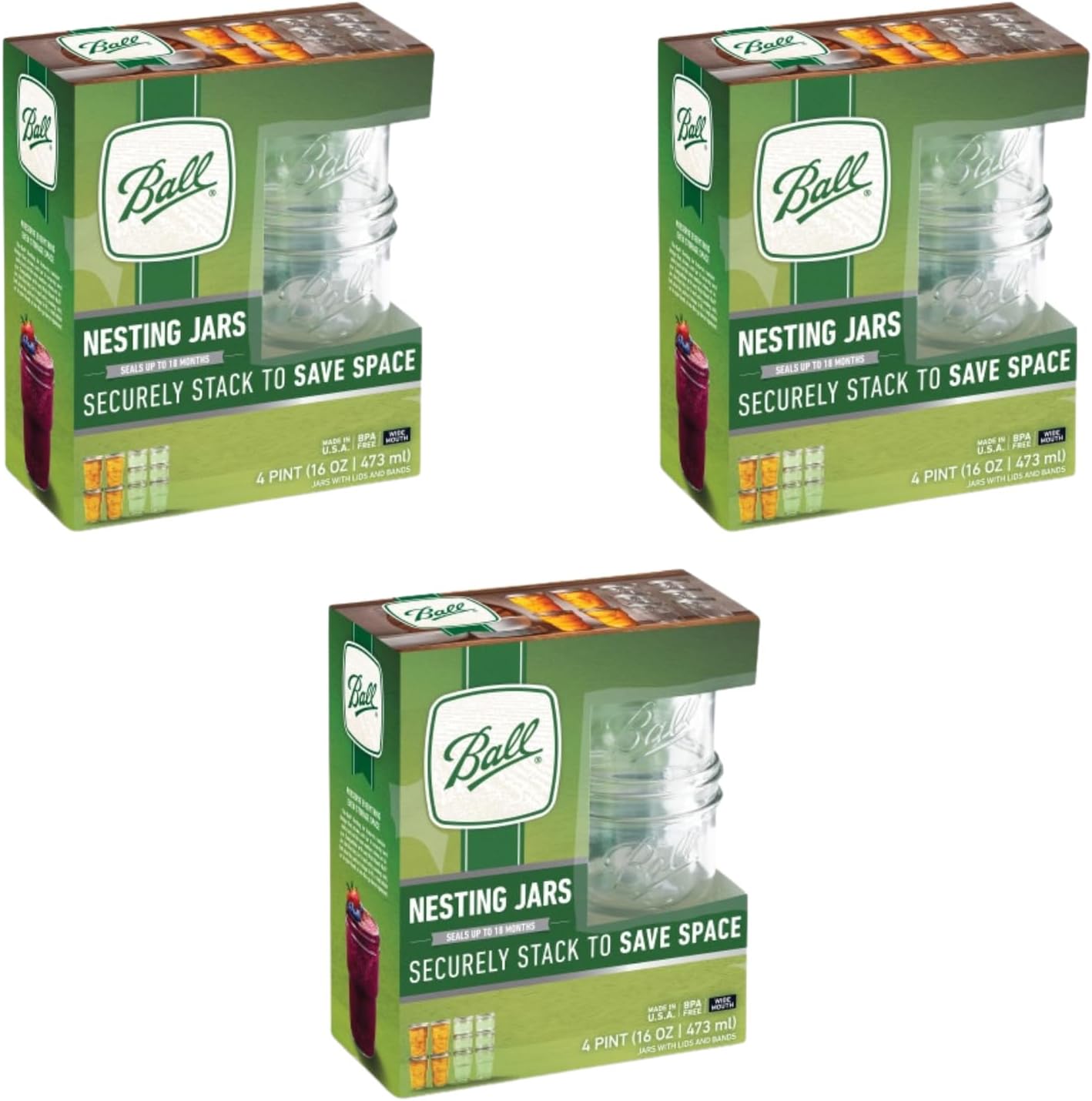 Amazon.com: Ball Glass Nesting Mason Jars, Wide Mouth, Pint Size, 16 OZ ...