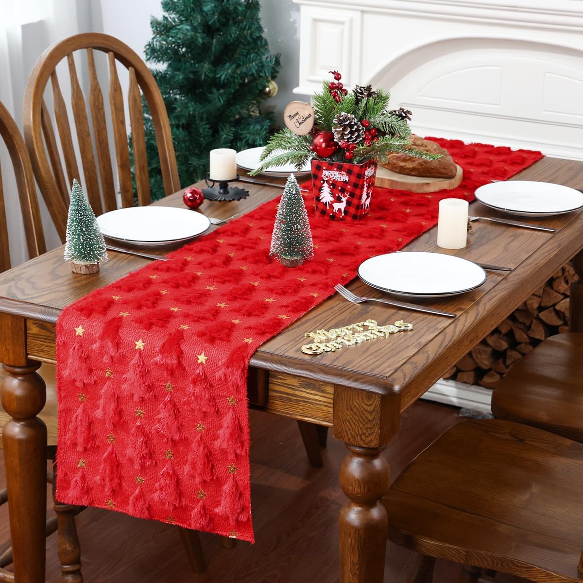 Amazon.com: Christmas Table Runner, Red Christmas Trees Soft Plush Faux ...
