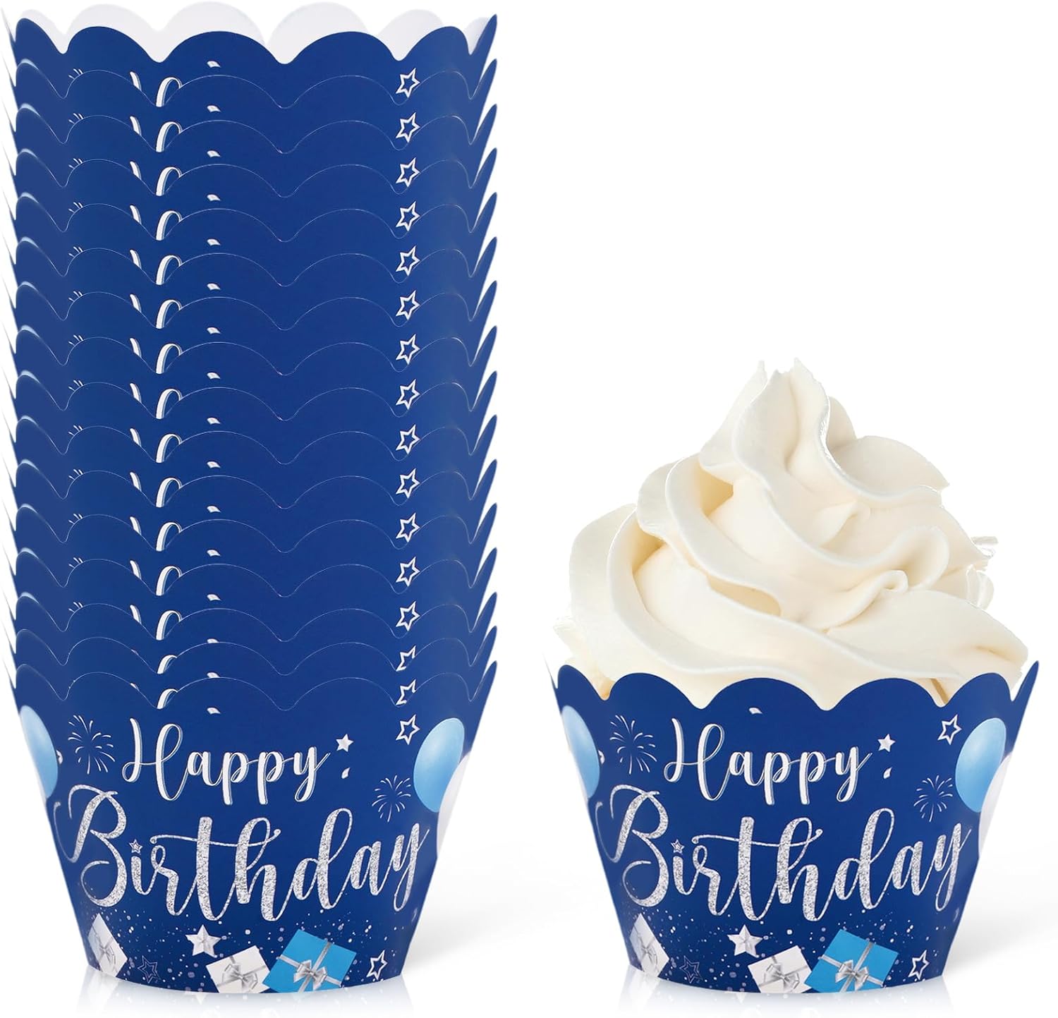 Amazon.com: Whaline 36Pcs Happy Birthday Cupcake Wrappers Blue Silver ...