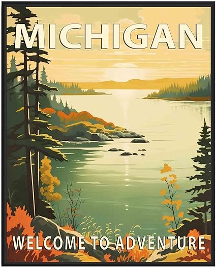 Amazon.com: Michigan Poster Art Print, Retro States Landscape Wall art ...