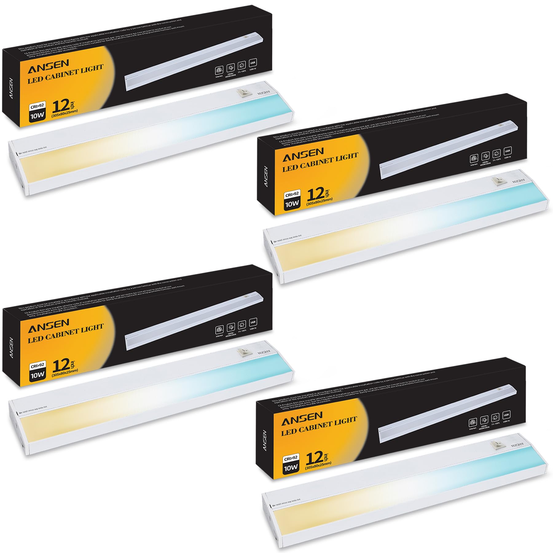 Ansen 4Packs of Under Cabinet Lighting Hardwired, 12in 10W Dimmable Led ...