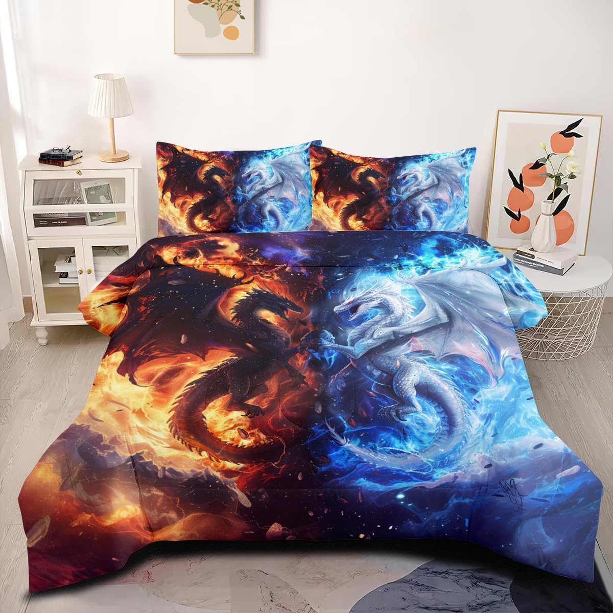 Amazon.com: CCoutueChen Black White Dragon Bedding Set Queen Size Ice ...
