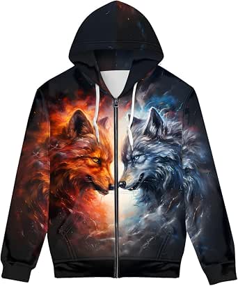 joo meryer Unisex Mens Cool Wolf Full Zip Up Hoodies Long Sleeve Crew ...